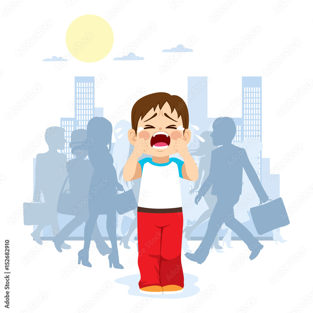 Cute little child crying because he is lost in the city with silhouette ...