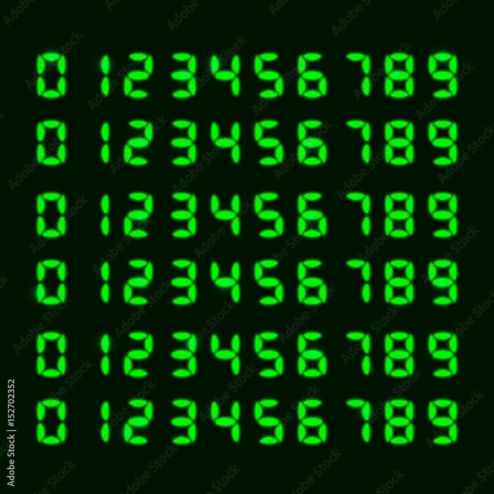 Electronic font, numbers on green background, isolated object Stock ...