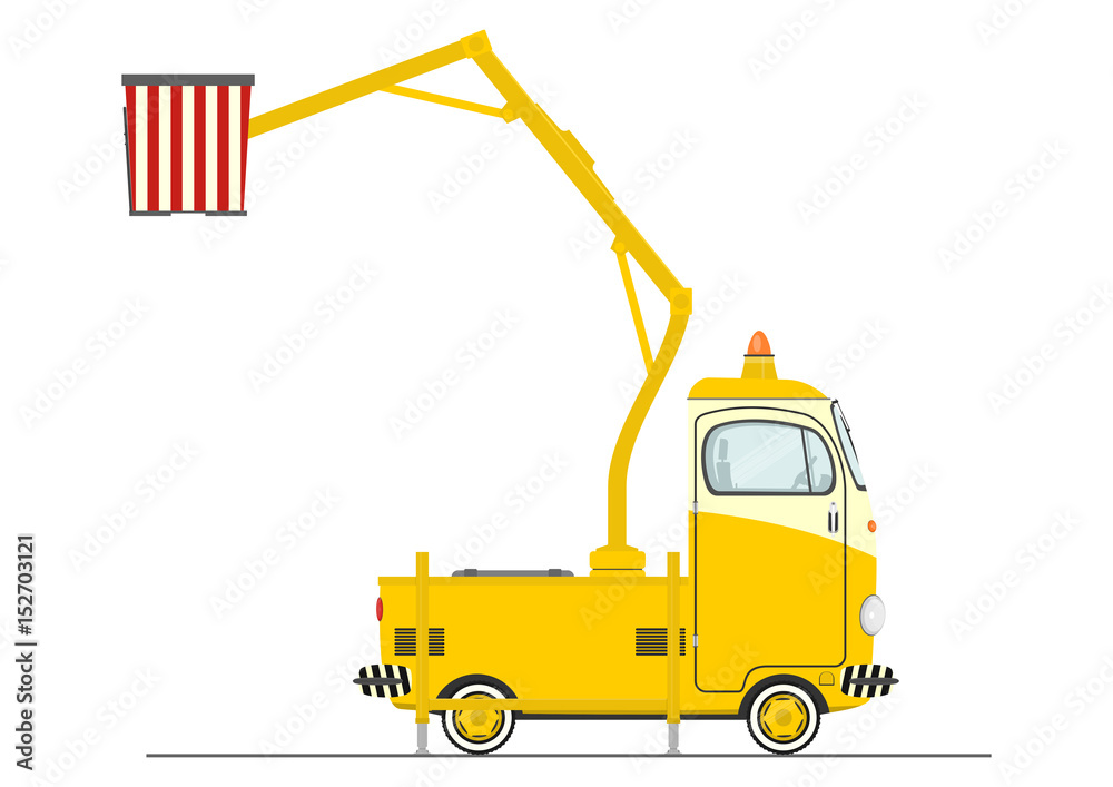 Cartoon vintage cherry picker. Side view. Flat vector. Stock Vector ...