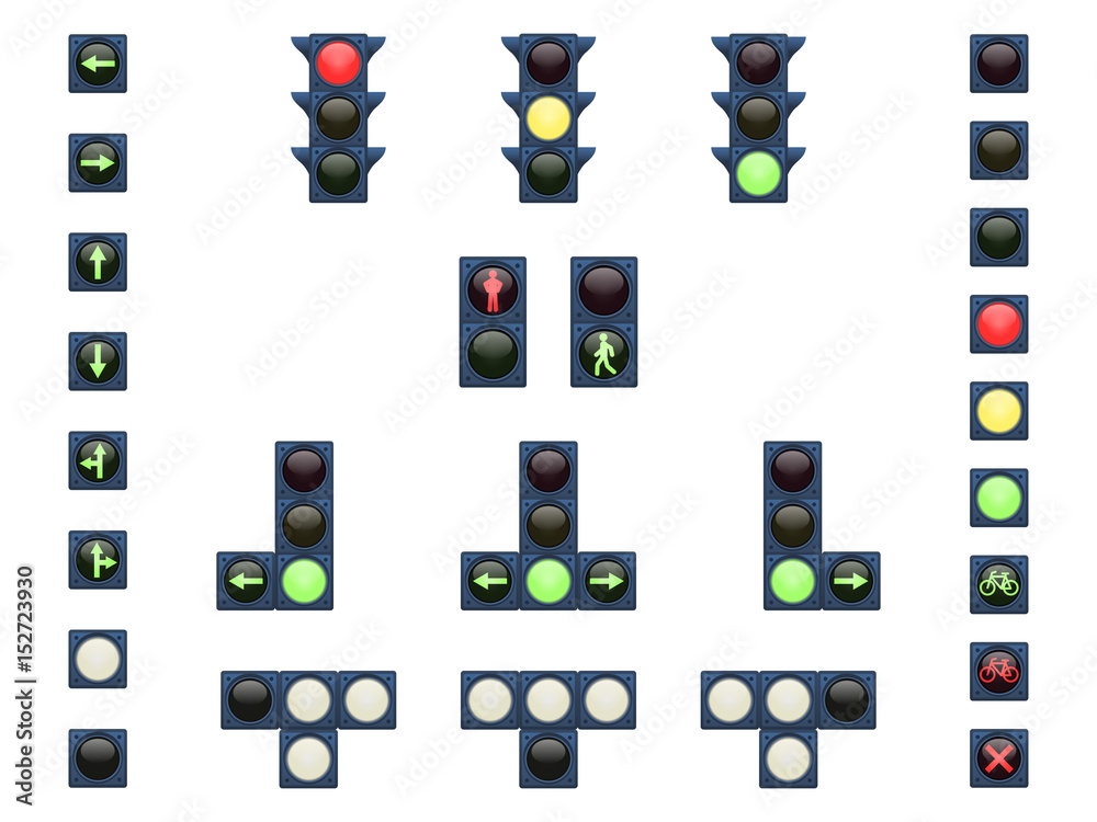 Vector illustration of a set of traffic lights. Isolated white ...