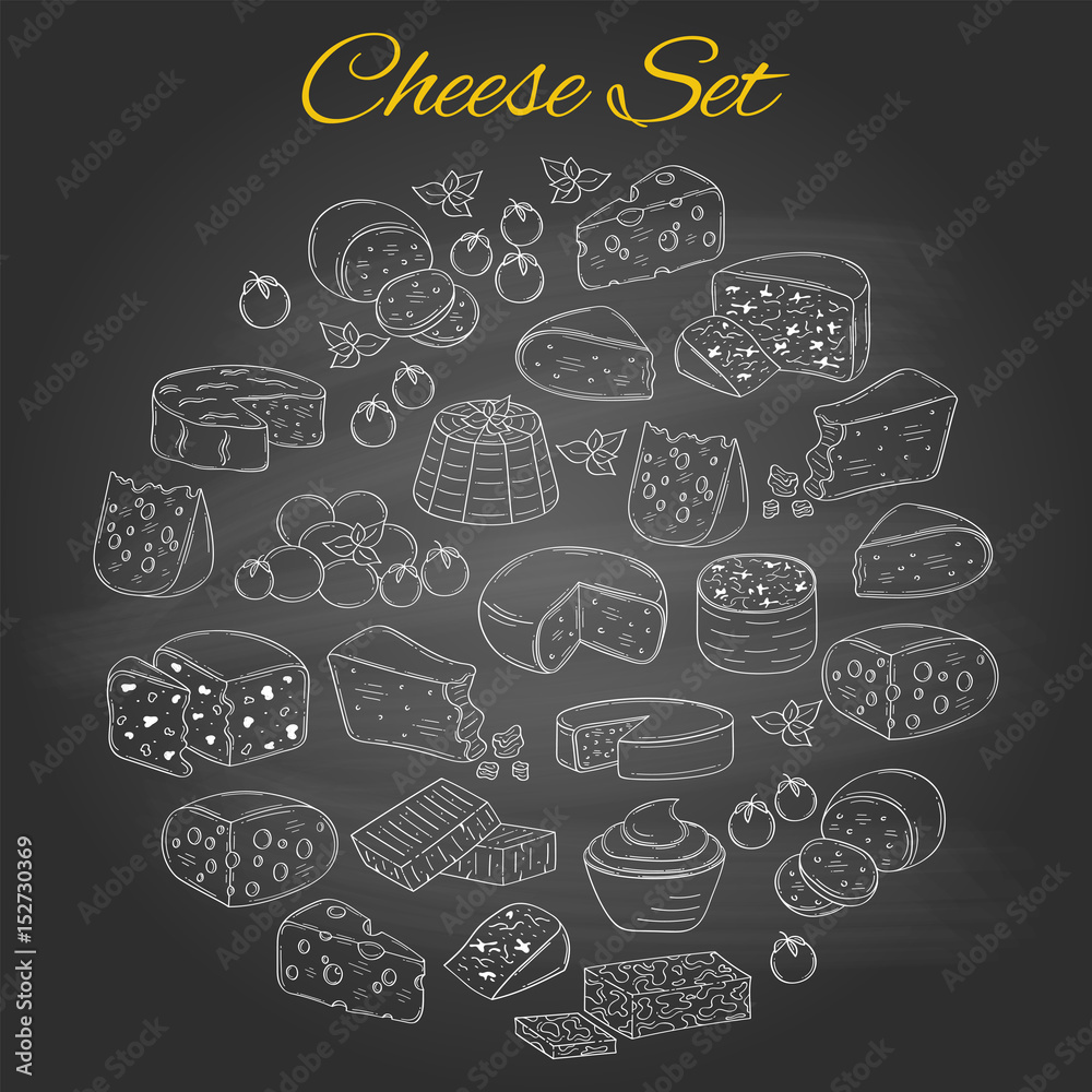 Vector set of various types of cheese, hand drawn illustration isolated ...