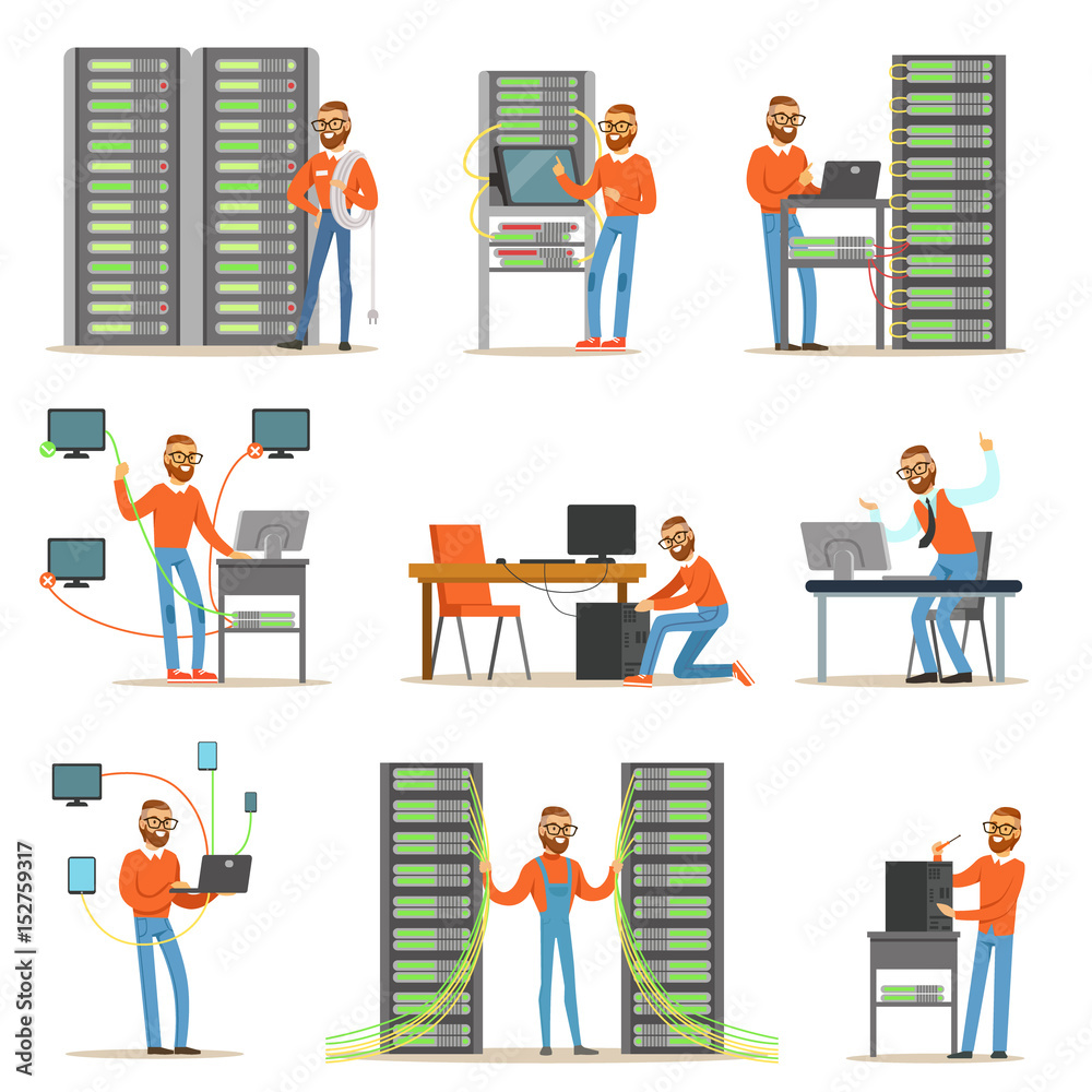 Young man working in network server room. Technician at the data center ...