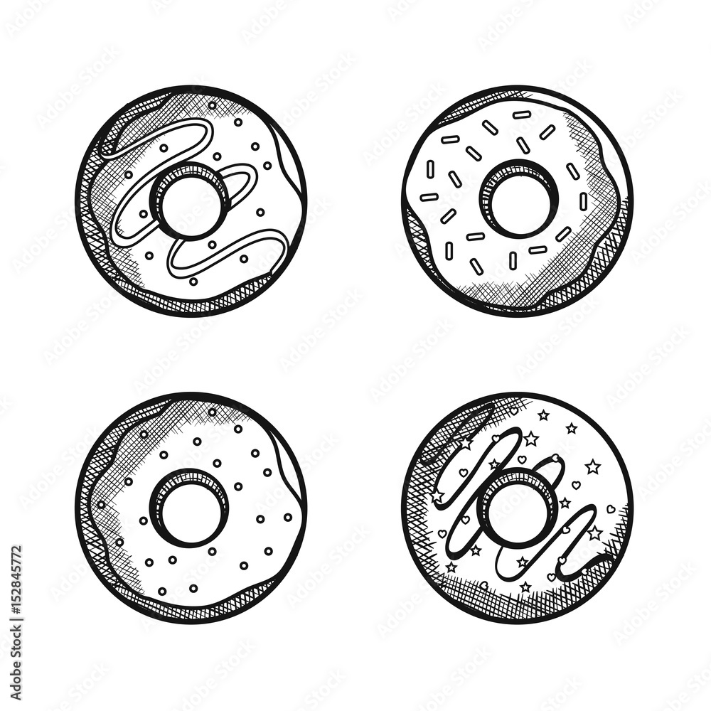 Set of hand drawn donuts over white background. Vector illustration ...