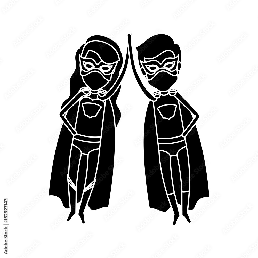 silhouette black front view superhero couple with clashing hands vector ...