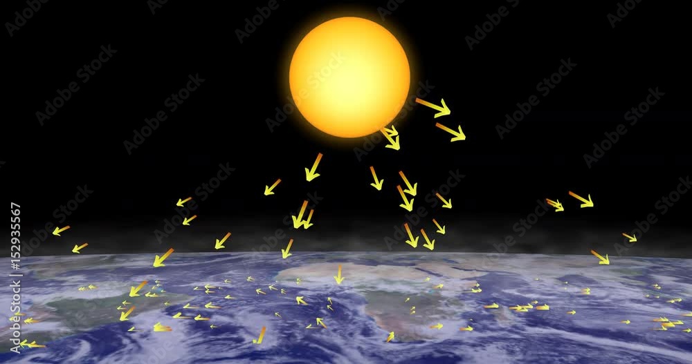 Sun emanating, radiating arrows, rays,beams of light on to surface of ...