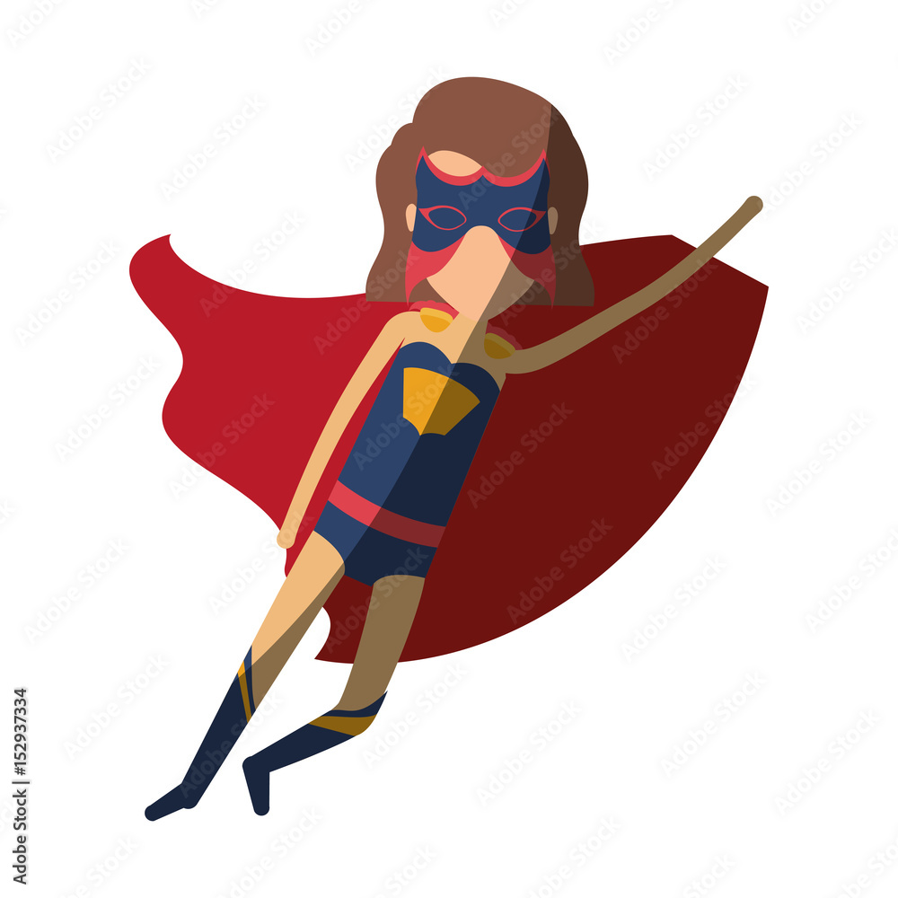 colorful silhouette with superhero faceless girl with short hair flying ...