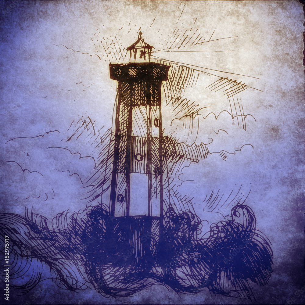 Lighthouse hand draw illustration. Old paper background with lighthouse ...