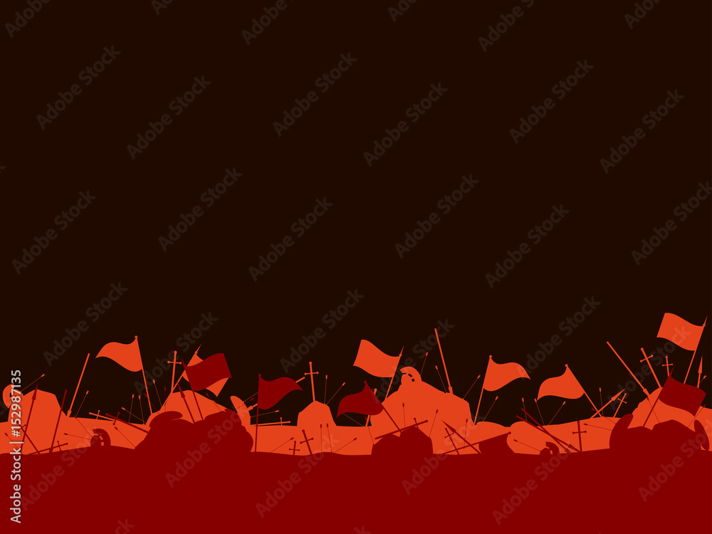 Medieval battlefield. After the battle. Flags, swords, spears and ...
