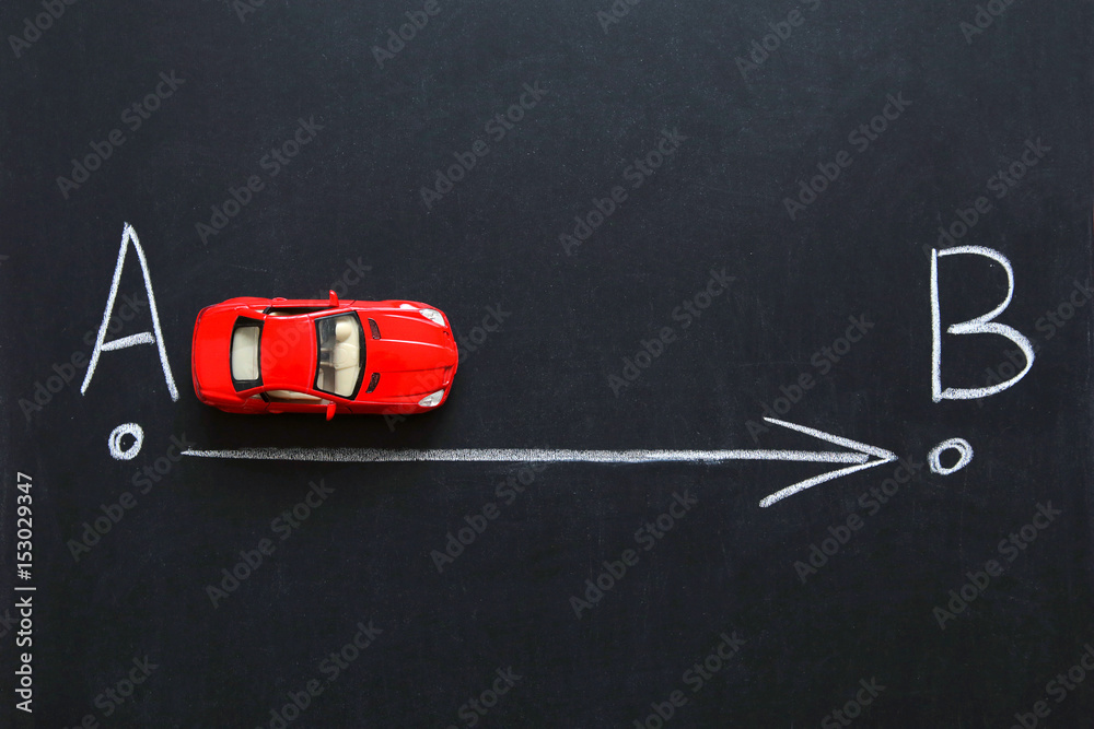 From point A to point B on the car. Drawing chalk on a black board ...