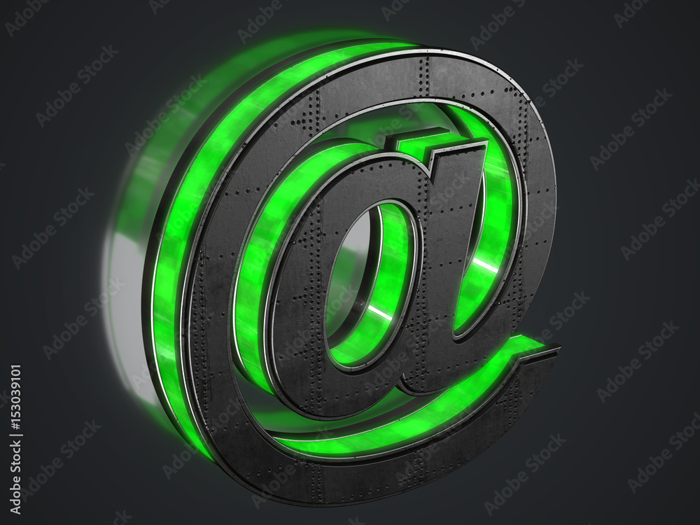 Futuristic At symbol - metallic extruded sign with green light outline ...