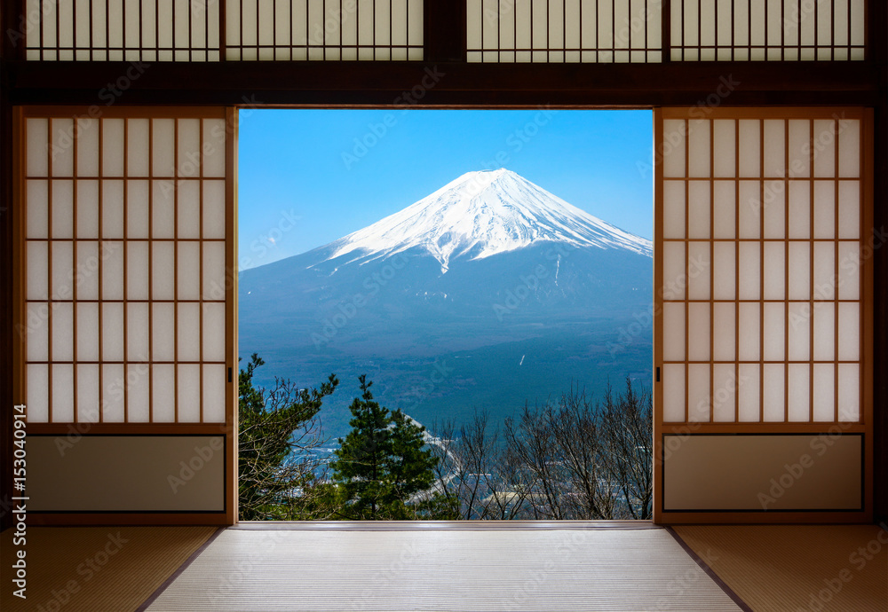 Snow capped Mount Fuji in Japan seen through traditional Japanese ...