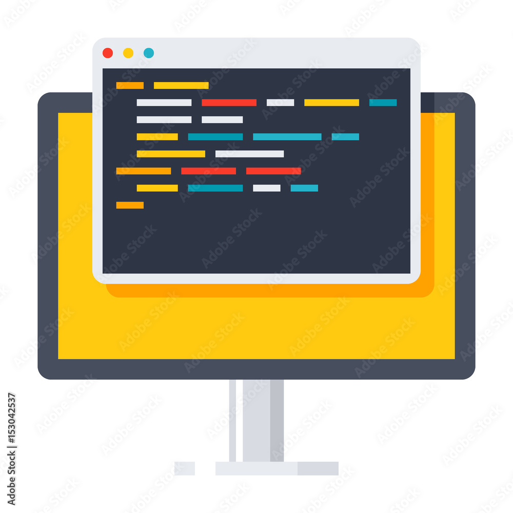 Computer science concept with monitor PC and program window, vector ...