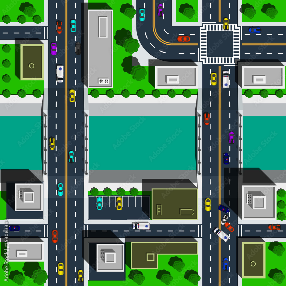 City map top view vector illustration. Bridges over the river. Stock ...