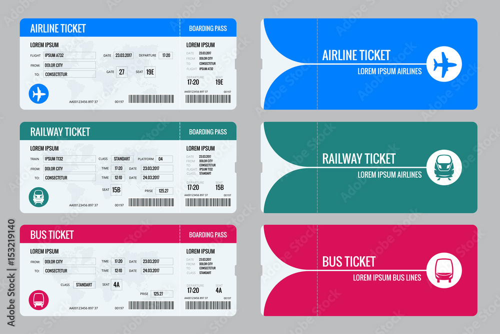 Set of tickets airplane, bus and train. Travel around the world and ...