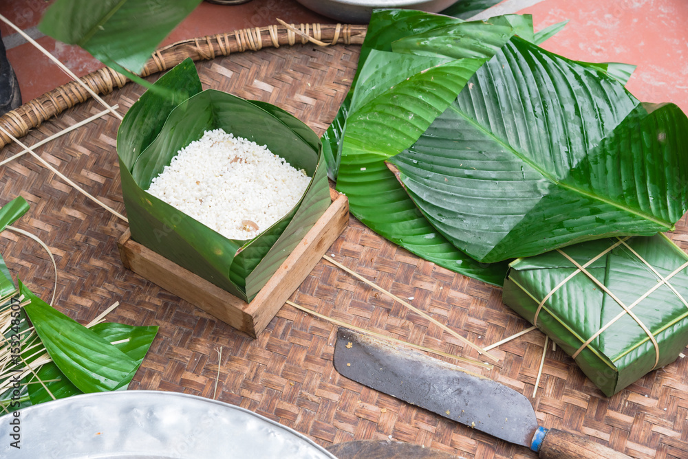 Chung Cake ingredients, tool preparation wrapping. Square shape wood ...