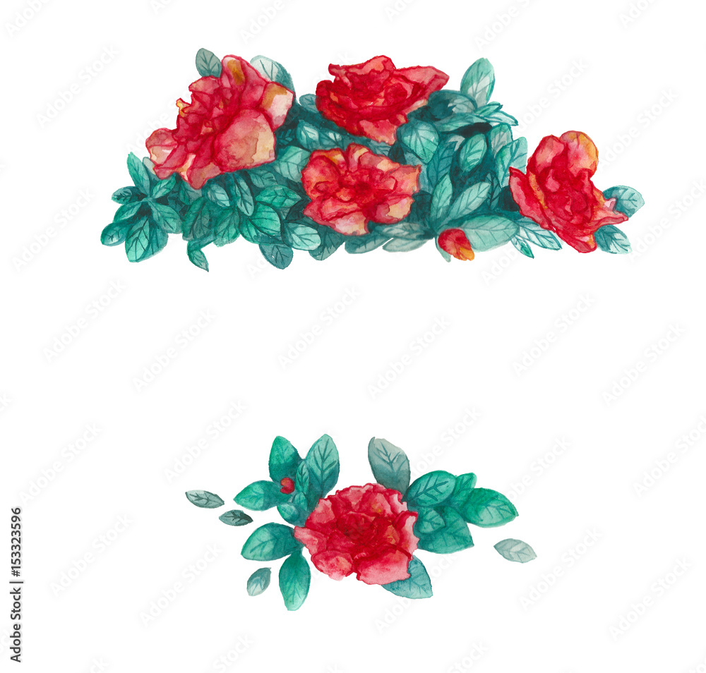 watercolor floral border with red flowers and gree n leaves on white ...