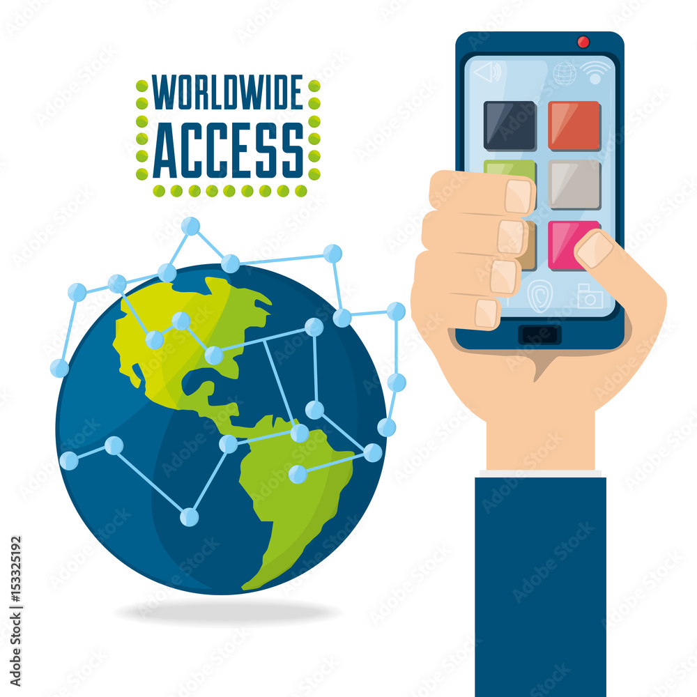 hand using smartphone connected internet around the world, vector ...