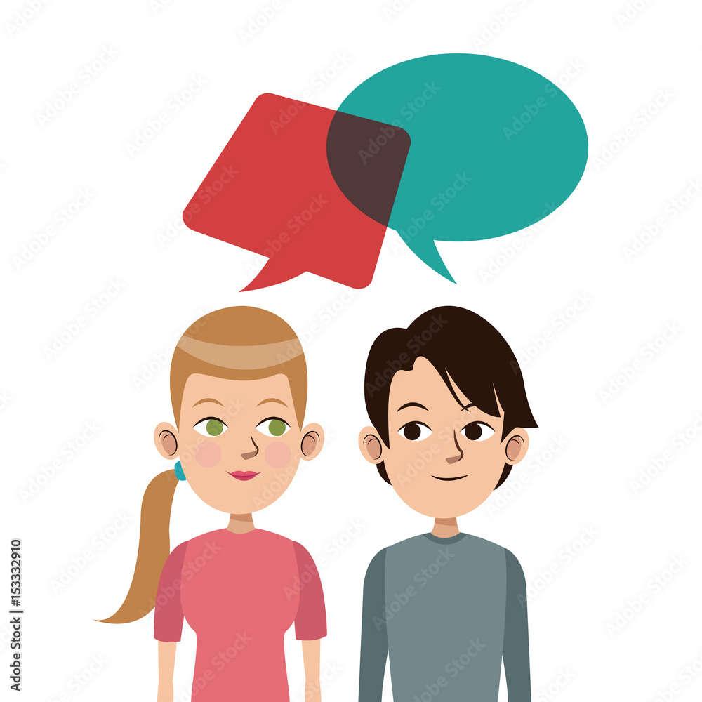 cartoon guy and girl bubble speech talking language vector illustration ...
