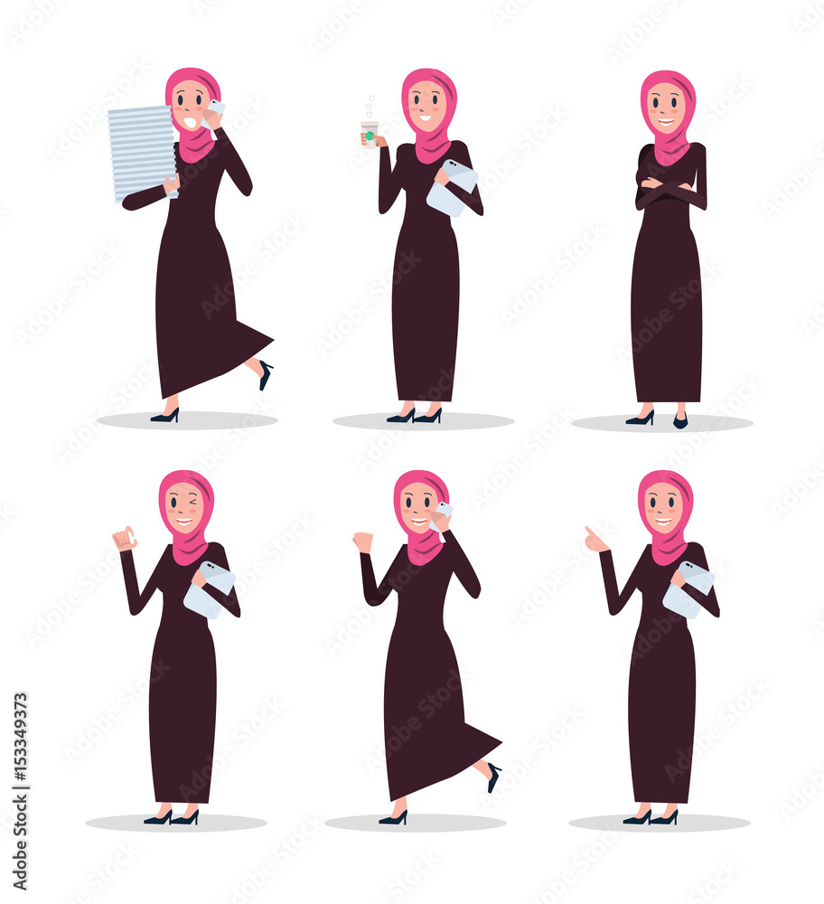 Set of business arab woman character with hijab. flat character design ...
