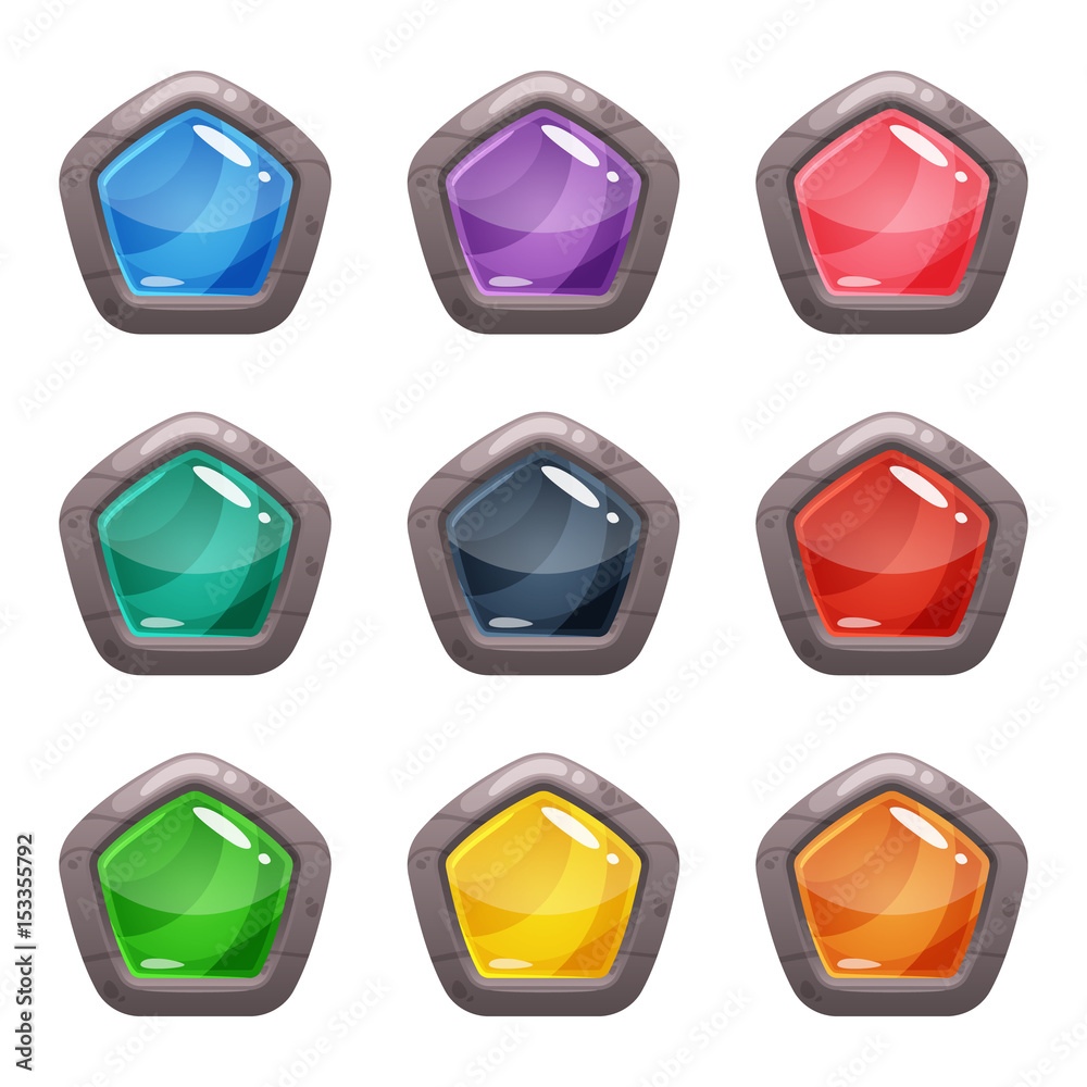 Cartoon vector pentagon rocky buttons set with colorful middles in a ...