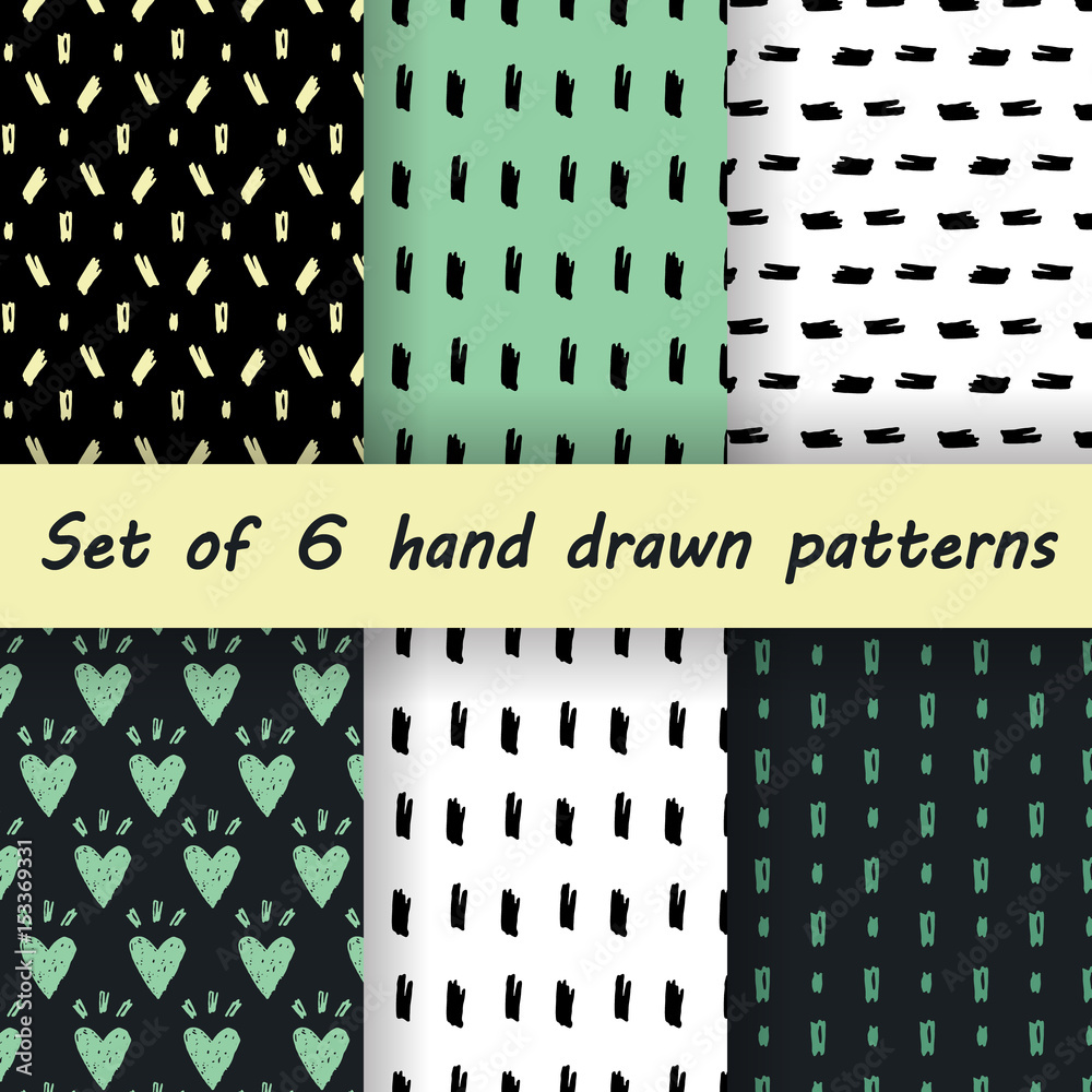 Vecteur Stock Set of 6 hand drawn seamless patterns with ink elements ...