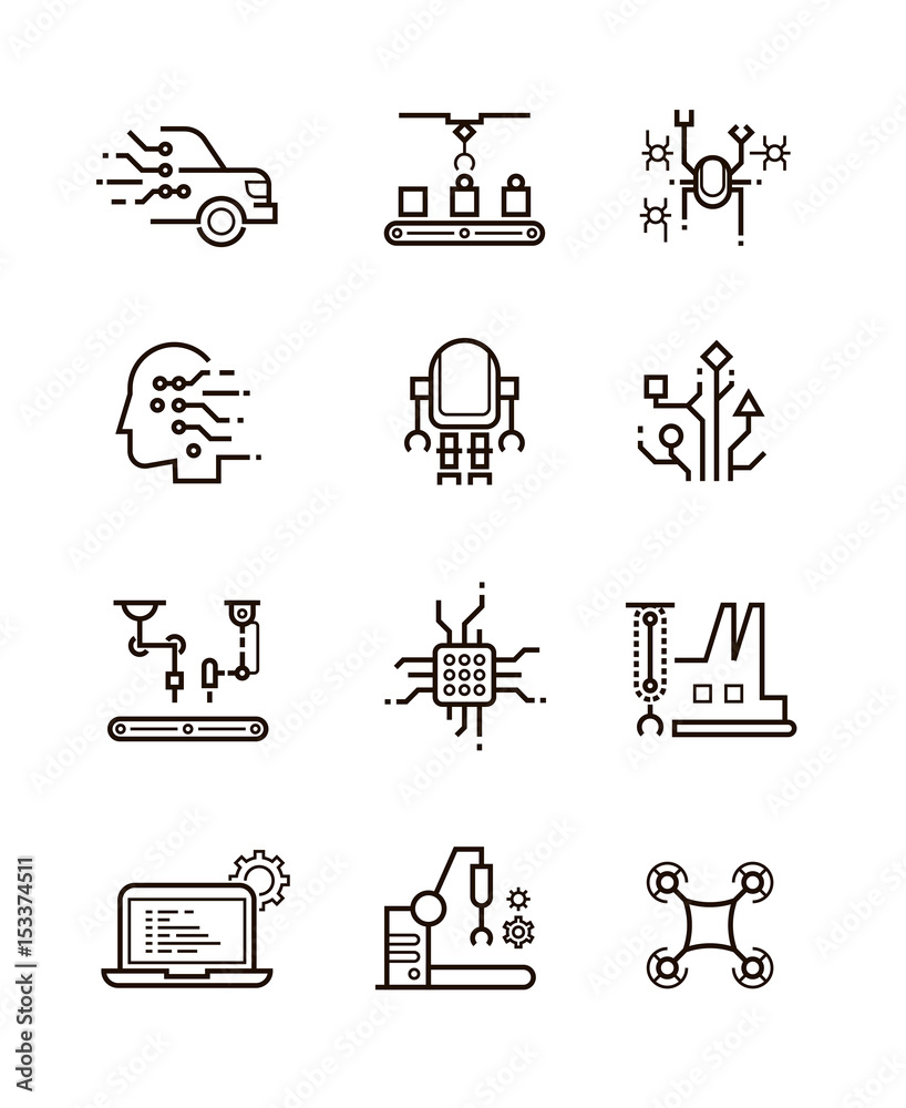 Robot technology and robotic machinery line vector icons. Artificial ...