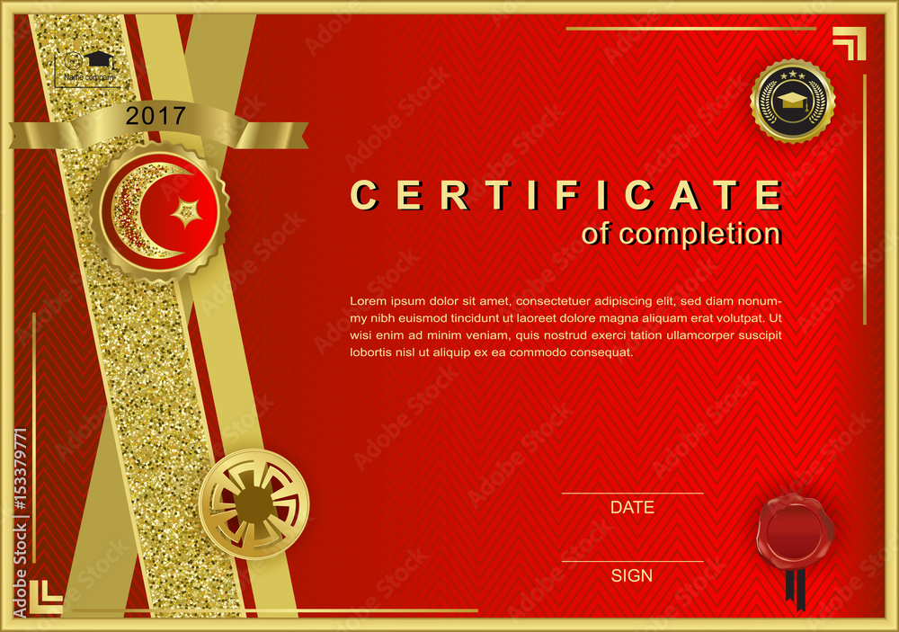 Red official certificate with gold glittering ribbon. Muslim design ...