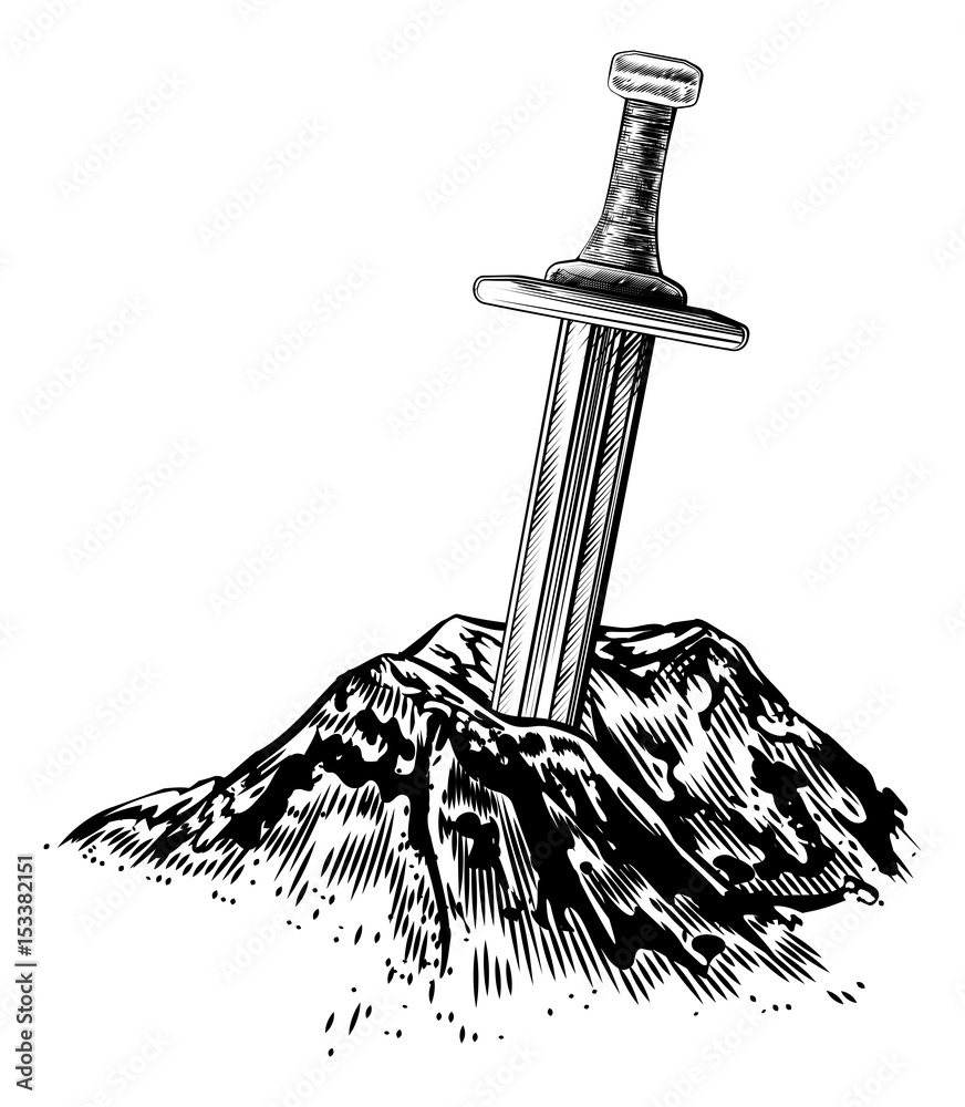 Vetor de Excalibur Sword in the Stone Illustration do Stock | Adobe Stock