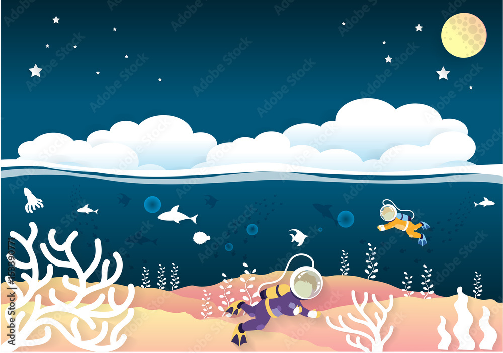 Scuba diver man swimming underwater with cloud and full moon. paper cut ...