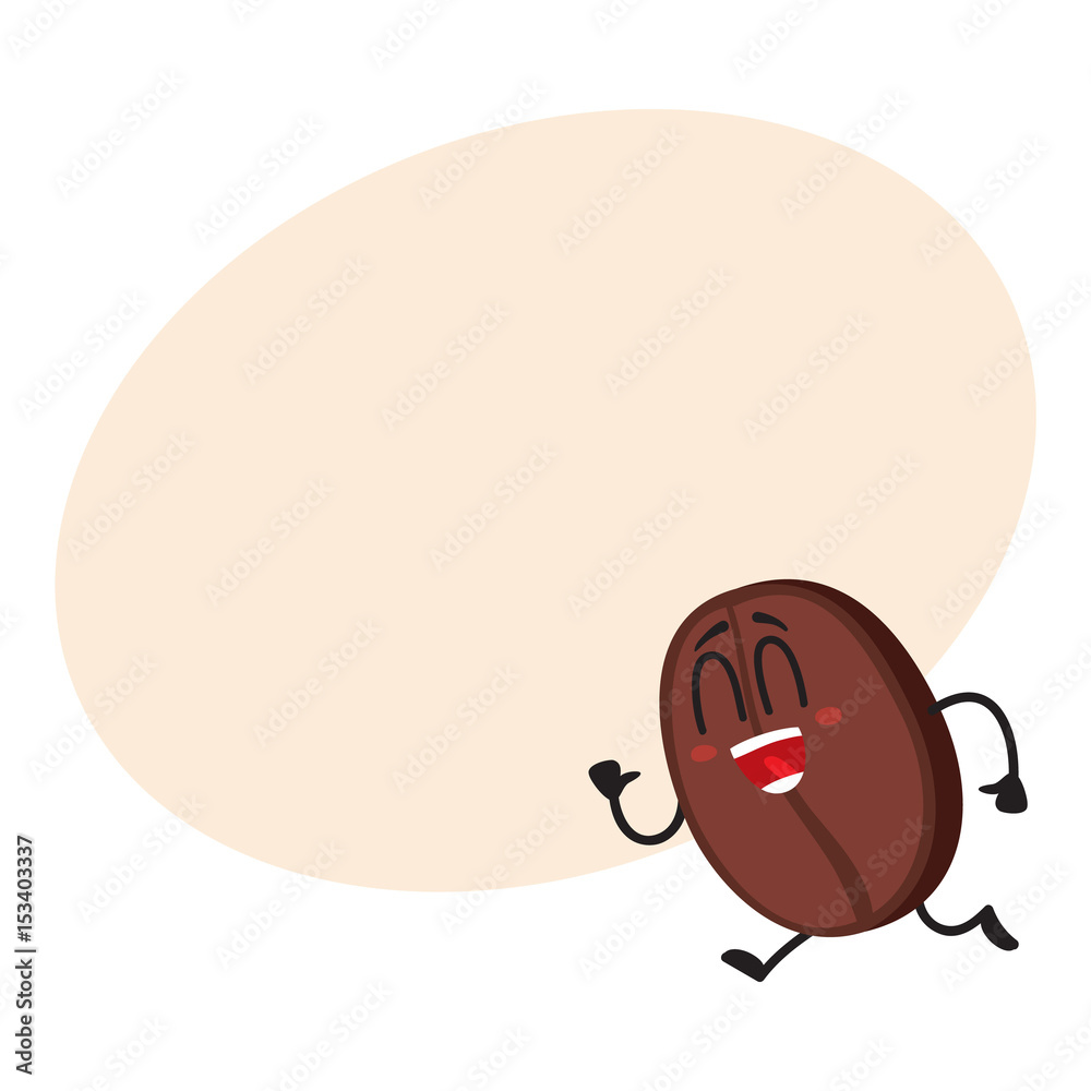 Funny, crazy looking coffee bean character with human face running ...