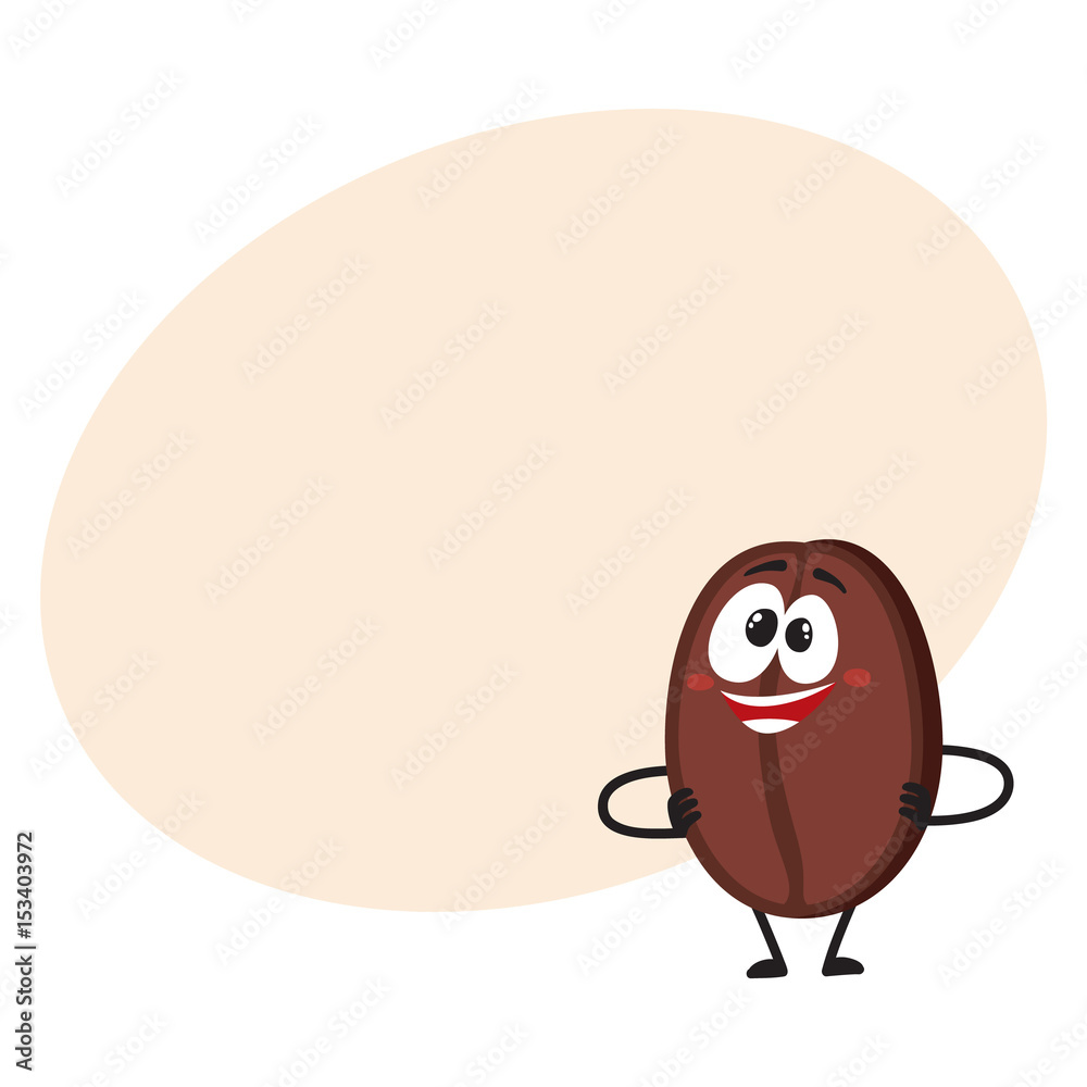 Funny, crazy looking coffee bean character with human face with arms ...