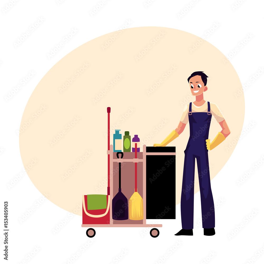 Boy, man, cleaner in overalls with cleaning trolley, cartoon vector ...
