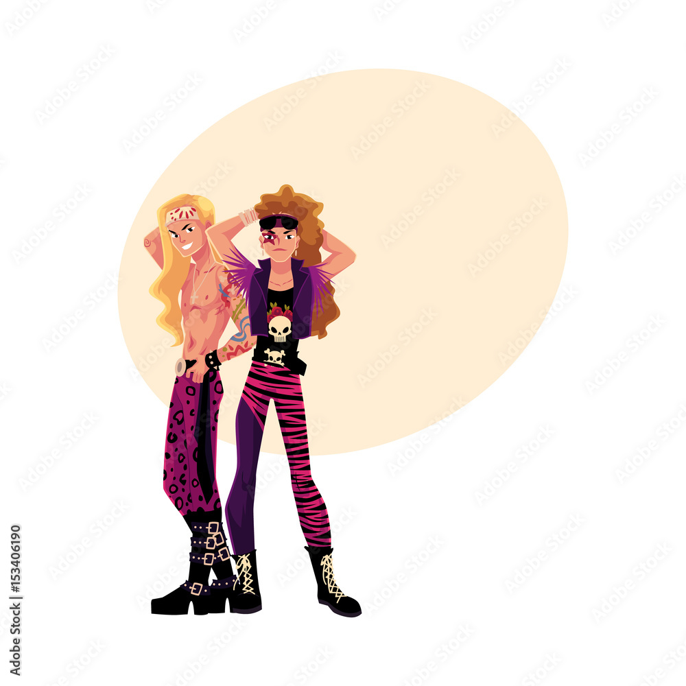 Couple of young men, guys dressed as glam rock stars, cartoon vector ...