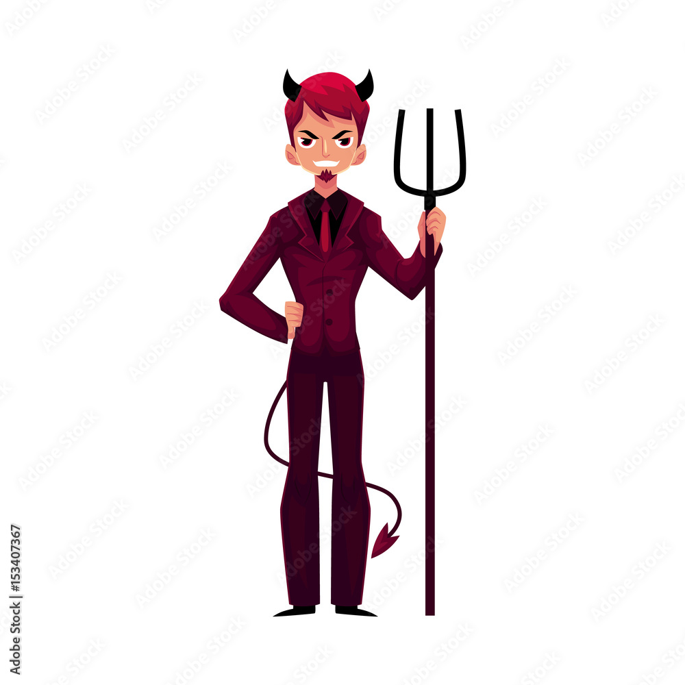 Man dressed as devil devil in business suit with horns, tail and ...