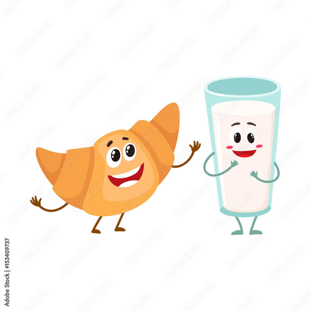 Funny smiling glass of milk and croissant characters, perfect beakfast ...