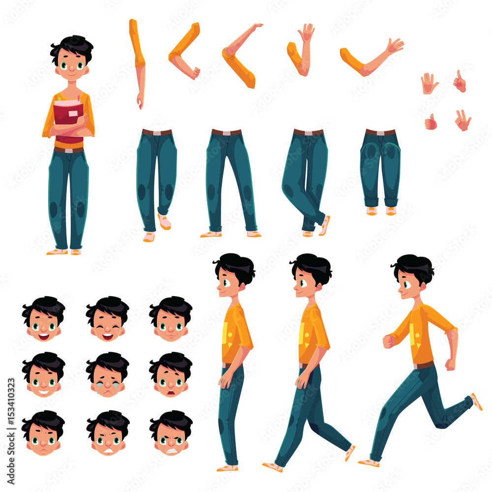 Student, young man character creation set with different poses ...