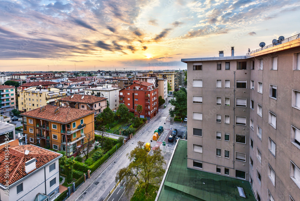 Mestre Italian city at sunrise view from above. Beautiful buildings in ...