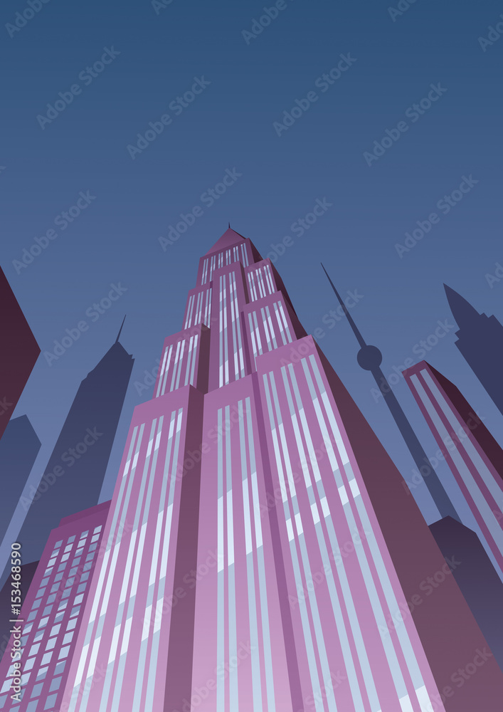 Art Deco Tower 2 / Cartoon skyscraper at night in Art Deco style. Stock ...