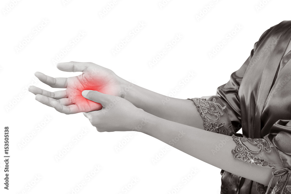 Woman holding her hand, Pain concept, De Quervain's tenosynovitis ...