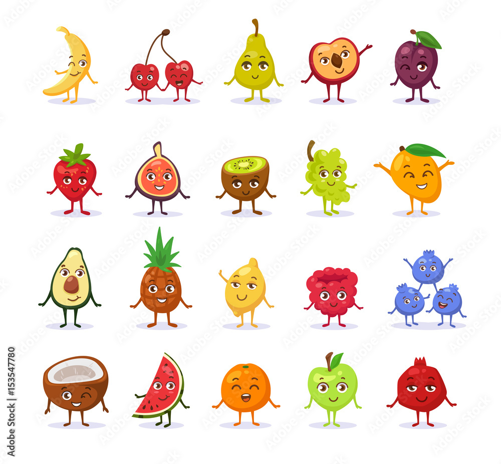 Set of funny cute cartoon fruits for vegetarian and healthy nutrition ...