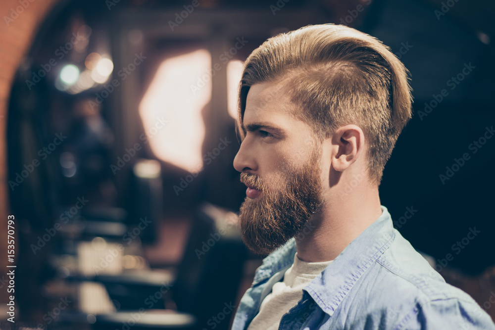 Advertising barbershop concept. Profile side portrait of confident ...