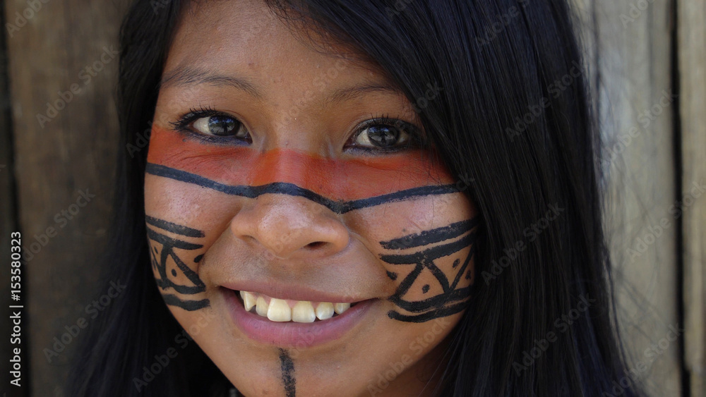 Closeup face of Native Brazilian Woman at an indigenous tribe in the ...