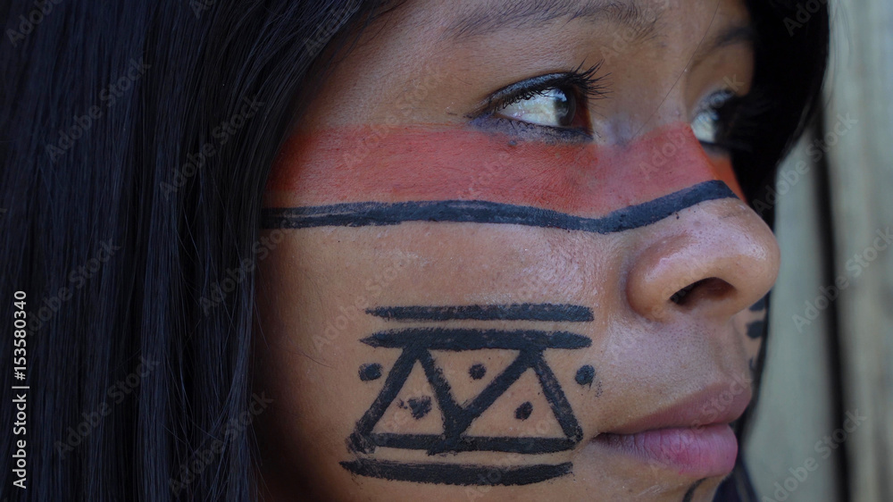 Poster Closeup face of Native Brazilian Woman at an indigenous tribe in ...