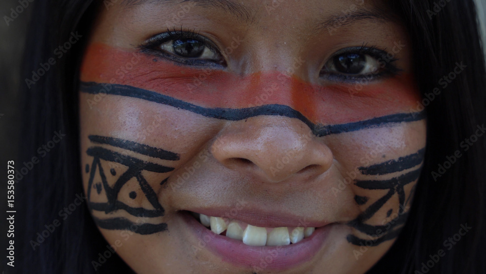 Closeup face of Native Brazilian Woman at an indigenous tribe in the ...