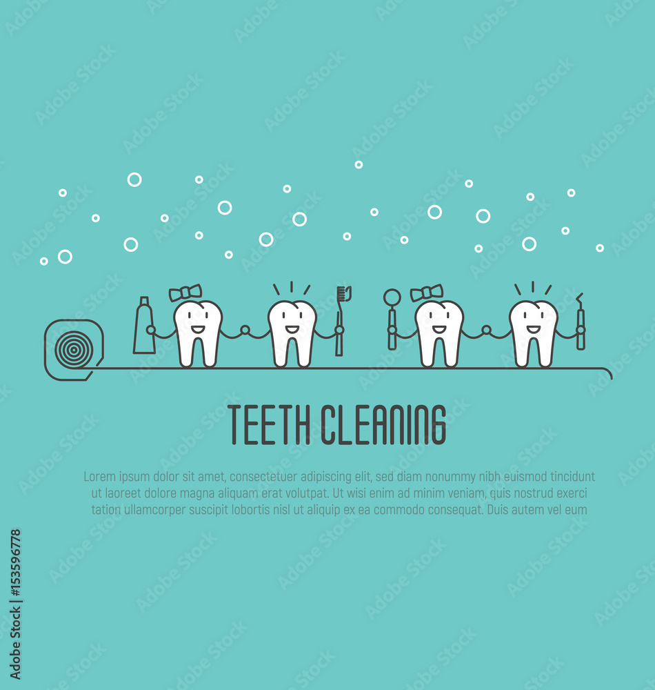 Teeth cleaning concept in thin line style. Two happy tooth, boy and ...