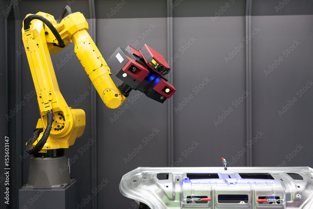 Automated scanning. 3D scanner mounted on robotic arm. Stock ...
