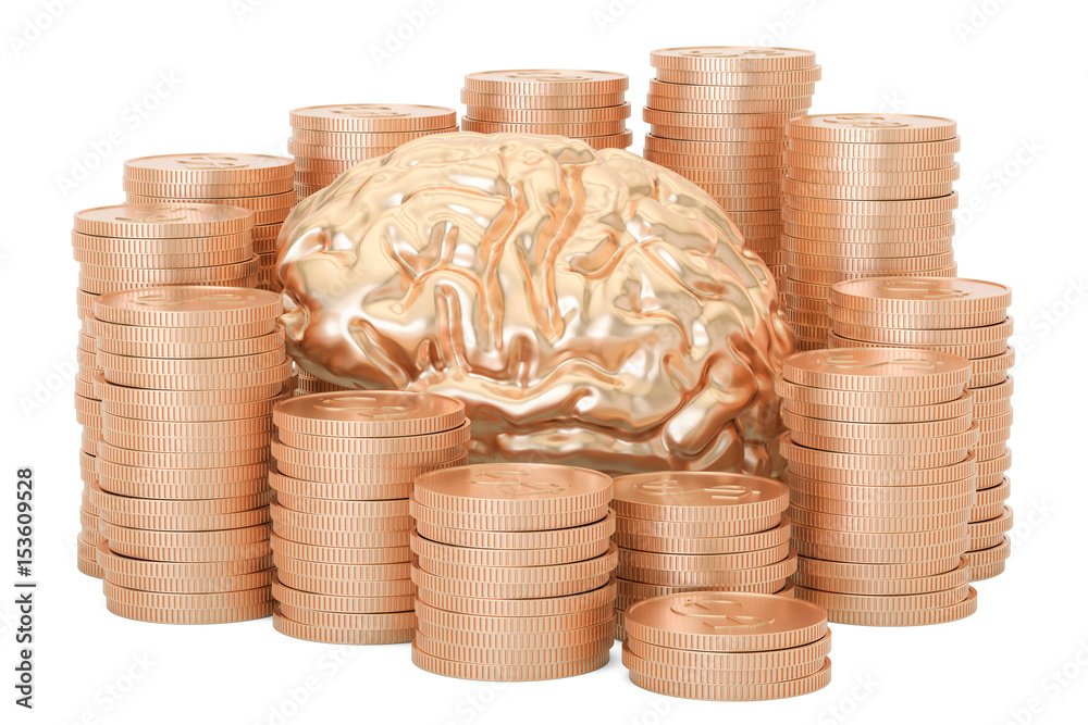 Gold coins with human brain, 3D rendering Stock Illustration | Adobe Stock