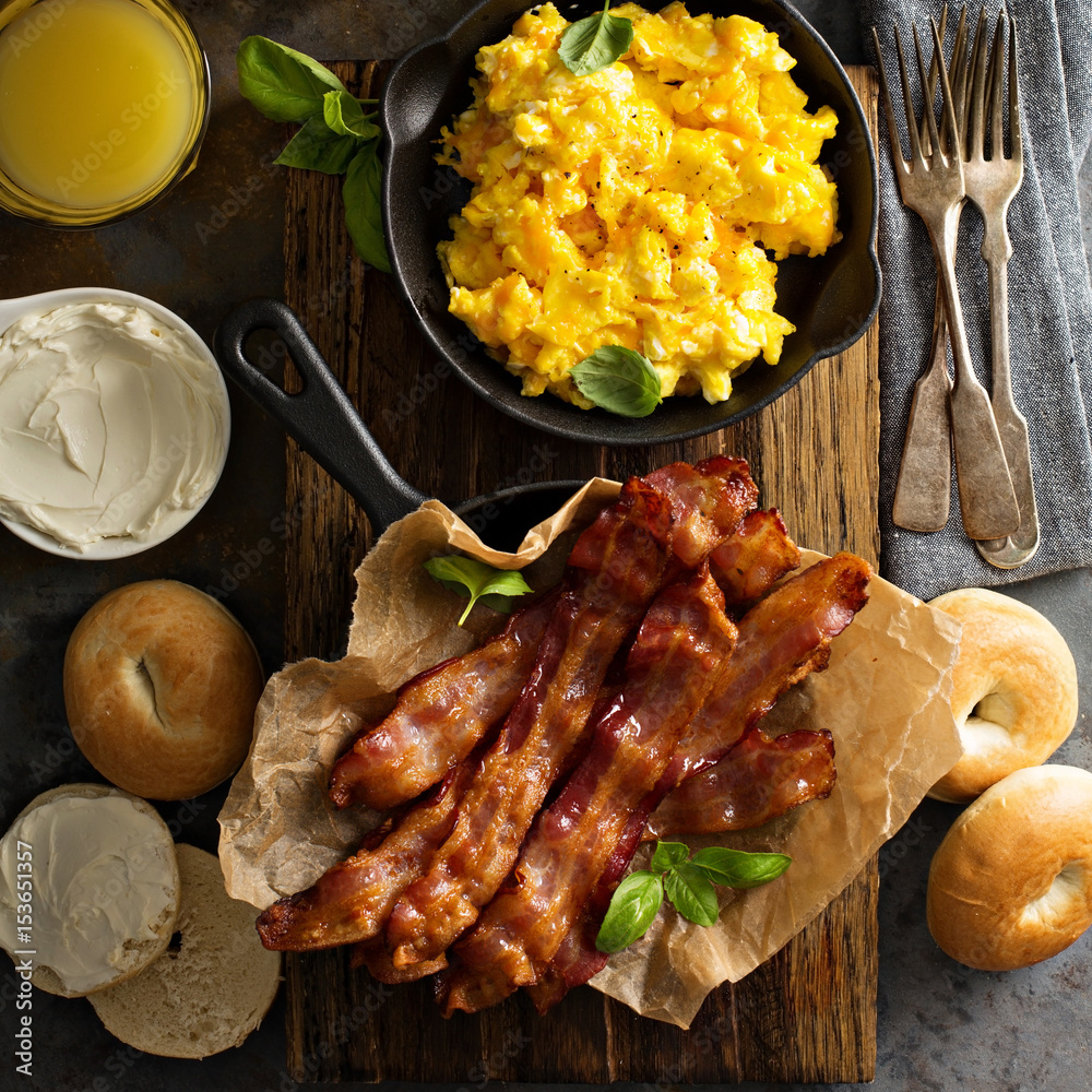 Big breakfast with bacon and scrambled eggs Stock Photo | Adobe Stock
