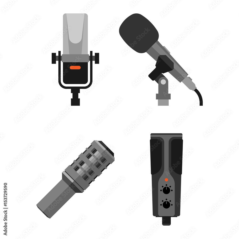 Different microphones types icons journalist vector interview music ...