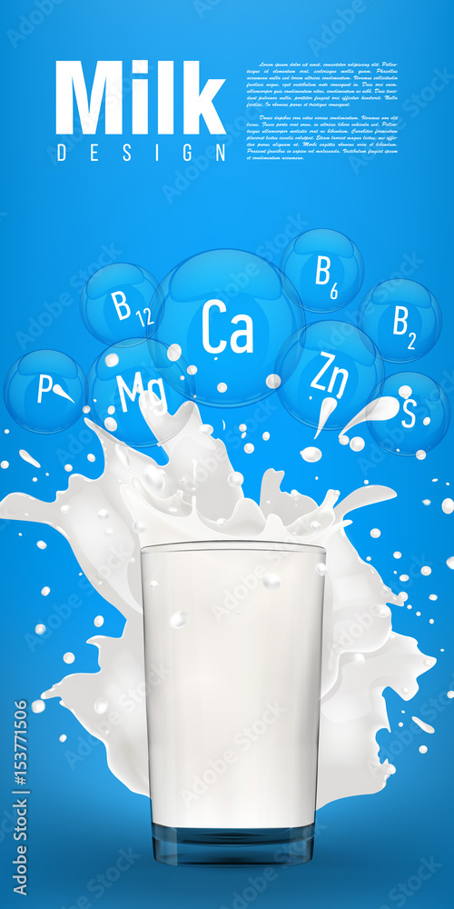Milk flyer design vector illustration with milk splash and vitamin or ...